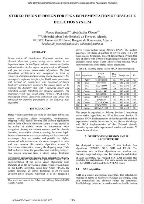 Pdf Stereo Vision Ip Design For Fpga Implementation Of Obstacle