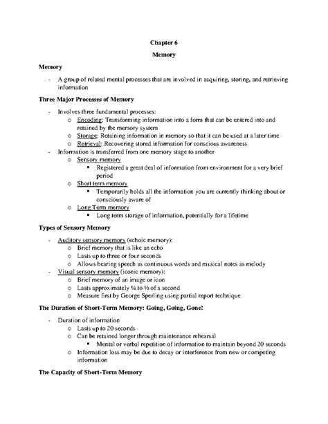 Psyc 201 Chapter 6 Notes Chapter 6 Memory Memory A Group Of Related Mental Processes That Are