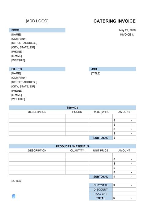 Free Printable Catering Invoice Templates Excel Pdf Word