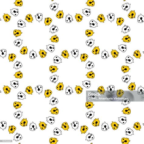 할로윈에 대한 유령흰색과 주황색 원색의 벡터 원색 포장 섬유 엽서에 대한 만화 스타일로 그려진 흰색 배경에 기하학적으로 배열 된 유령의 패턴 10월에 대한 스톡 벡터 아트