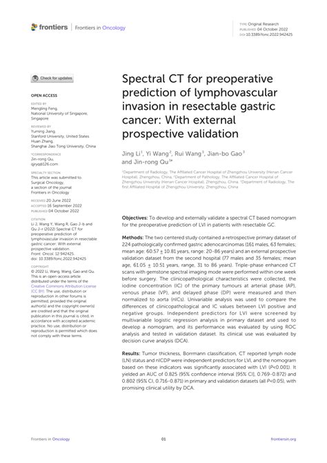 Pdf Spectral Ct For Preoperative Prediction Of Lymphovascular Invasion In Resectable Gastric
