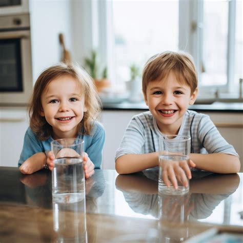 Dos Ni Os Bebiendo Agua Dulce Con Paja En La Cocina Imagen Premium Generada Con Ia