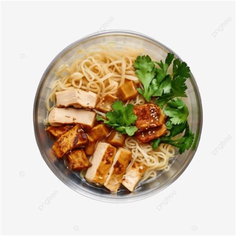 당면 튀김 두부 삶은 돼지고기와 신선한 허브로 채워진 접시나 그릇을 포함하여 분다우맘톰의 전통적인 표현을 특징으로 하는 이미지를 만듭니다 투명한 배경에 생생한 색상의 질감을