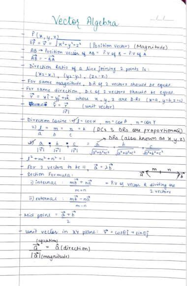 Vector Algebra Formulae And Notes Class 12 Handwritten Notes Pdf