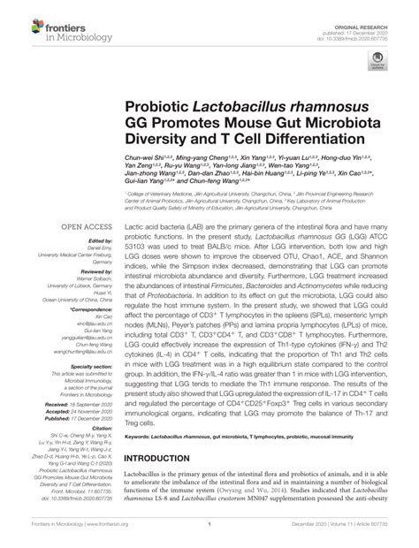 Pdf Probiotic Lactobacillus Rhamnosus Gg Promotes Mouse Gut Microbiota Diversity And T Cell