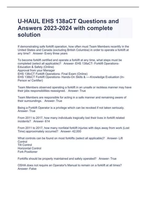 U Haul Ehs 138act Questions And Answers With Complete Solution Forklift Stuvia Us