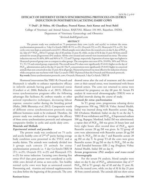 Pdf Efficacy Of Different Estrus Synchronizing Protocols On Estrus Induction In Postpartum