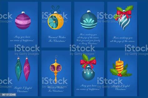 메리 크리스마스와 새 해 축 하와 함께 8 밝은 엽서의 평면 벡터 컬렉션입니다 장식 장난감 및 전나무 Sprigs와 촛불 인사말 카드 나비매듭에 대한 스톡 벡터 아트 및