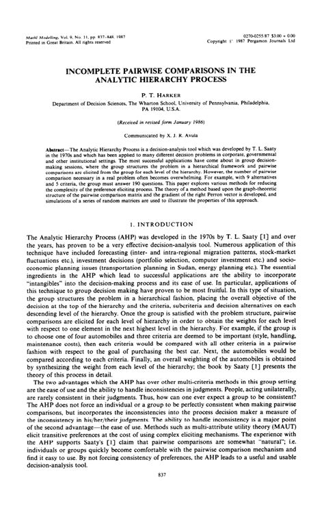Pdf Incomplete Pairwise Comparisons In The Analytic Hierarchy Process