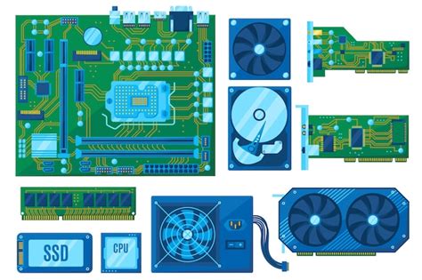 컴퓨터 빌드 Pc 마더보드 Hdd 및 Ssd Ram 바 Cpu 및 Gpu 쿨러 팬 및 전원 공급 장치 오디오 및 네트워크 카드
