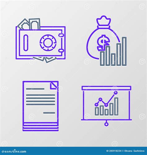 Set Line Board With Graph Chart Document Money Bag And Diagram And