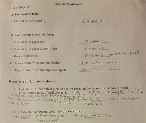 Solved Aspirin Synthesis Lab Report A Preparation Data Chegg Com