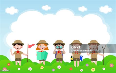 여름 캠프 아이들은 광고 브로셔 포스터에 대한 스카우트 명예 유니폼 배너 템플릿 배경 교육을 착용 캠핑 활동을하는 행복한 아이들 전단지 텍스트 플랫 벡터 일러스트 레이 션