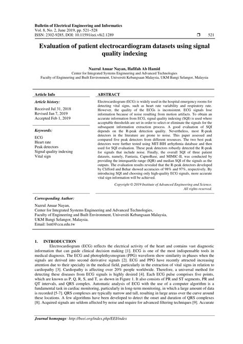 Pdf Evaluation Of Patient Electrocardiogram Datasets Using Signal Quality Indexing