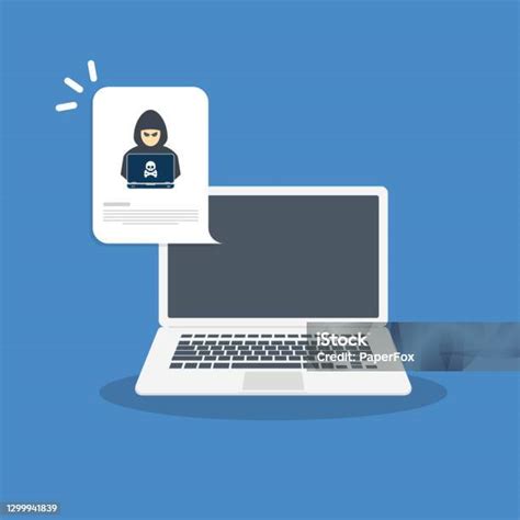해커 노트북에 악성 코드 알림 해커 경고와 노트북 컴퓨터 노트북 사기 오류 메시지에 스팸 데이터 사기 바이러스 플랫 벡터 그림입니다 개성 개념에 대한 스톡 벡터 아트 및