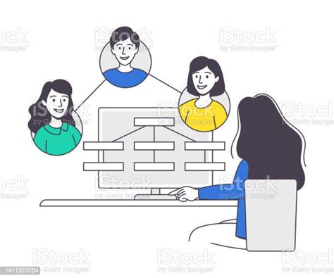 인터넷 플랫폼을 통해 이야기하는 남성과 여성과의 온라인 회의 개요 벡터 일러스트 레이 션 남자에 대한 스톡 벡터 아트 및 기타 이미지 남자 남자들만 모던 양식