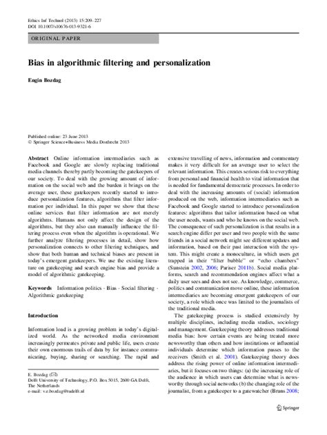 Pdf Bias In Algorithmic Filtering And Personalization
