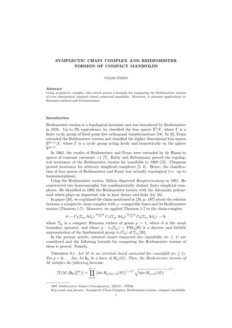 Pdf Symplectic Chain Complex And Reidemeister Torsion Of Compact Manifolds