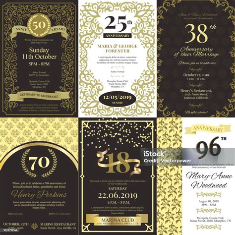 기념일 초대 카드 초대 생일 파티 또는 골드 빈티지 장식 그림 세트와 함께 결혼식 축 하 황금 배경 디자인 서식 파일 벡터 생일에 대한 스톡 벡터 아트 및 기타 이미지