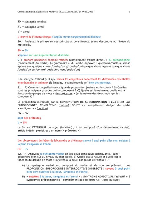 Correction Exercice D`analyse Grammaticale 3e Annee