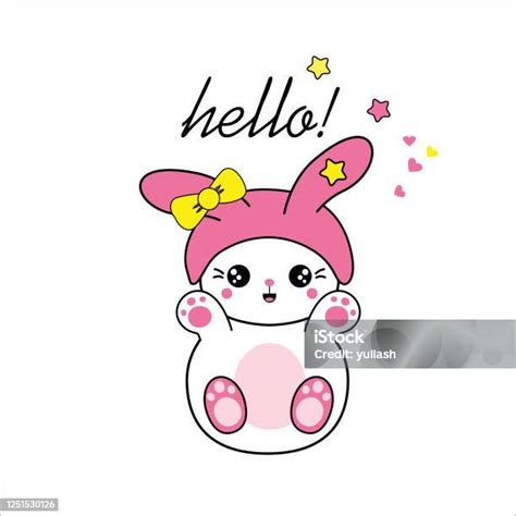 하트와 텍스트 안녕하세요 귀여운 흰색 토끼 리본이 달린 분홍색 모자를 쓴 캐릭터 소녀의류 일러스트레이션 인사말 카드 인쇄 벡터