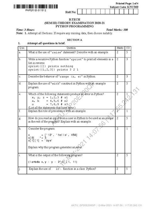 Python 2020 21 Qp Aktuqp20e290qp 12 Mar 2021 140756 11755 Subject Code Knc 0 Roll