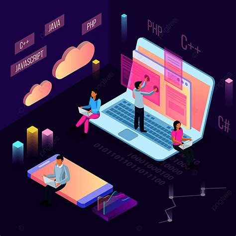 금융 이미지와 인간의 문자 벡터 일러스트와 함께 사람과 개념적 클라우드 컴퓨팅 아이콘 프리랜서 프로그래밍 아이소 메트릭 구성 상징 과 요약 Png 일러스트 및 벡터