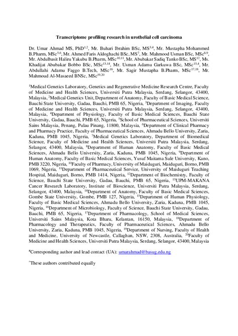 Pdf Transcriptome Profiling Research In Urothelial Cell Carcinoma