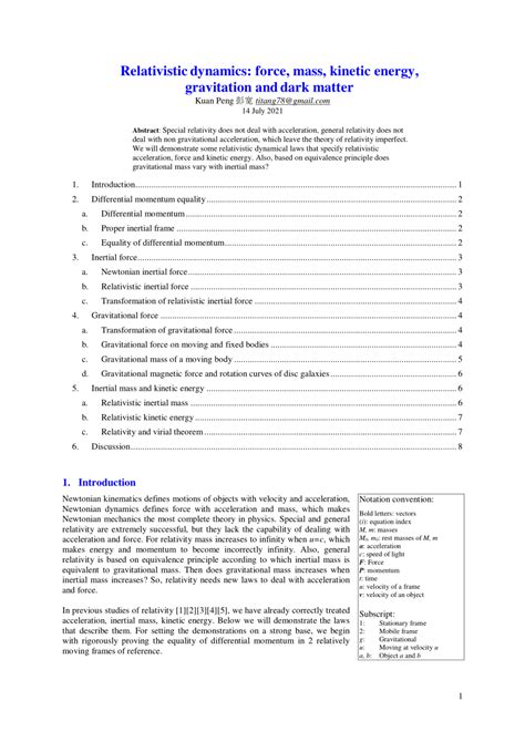 Pdf Relativistic Dynamics Force Mass Kinetic Energy Gravitation