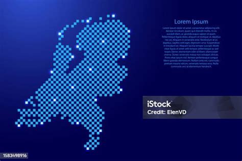 미래 지향적인 파란색 체크 무늬 사각형 격자 패턴과 배너 포스터 인사말 카드에 대한 빛나는 별에서 네덜란드 지도 0명에 대한