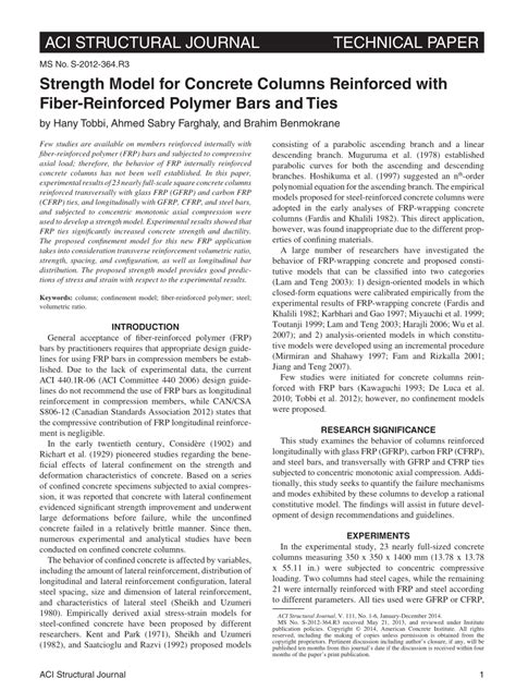 Pdf Strength Model For Concrete Columns Reinforced With Fiber Reinforced Polymer Bars And Ties