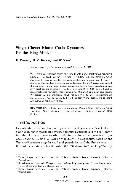 Pdf Single Cluster Monte Carlo Dynamics For The Ising Model