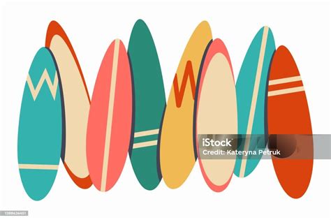 서핑 보드 세트 흰색 배경에 고립 된 다른 밝은 색상의 빈티지 서핑 보드의 컬렉션 벡터 플랫 일러스트레이션 서핑 수상 스포츠에 대한 스톡 벡터 아트 및 기타 이미지 Istock