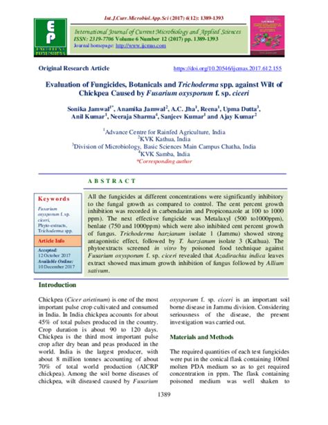 Pdf Evaluation Of Fungicides Botanicals And Trichoderma Spp Against Wilt Of Chickpea Caused