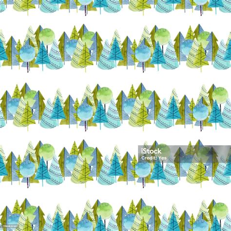 수채화 간단한 나무와 스프루스의 원활한 패턴 흰색 배경에 그려진 손 0명에 대한 스톡 벡터 아트 및 기타 이미지 0명