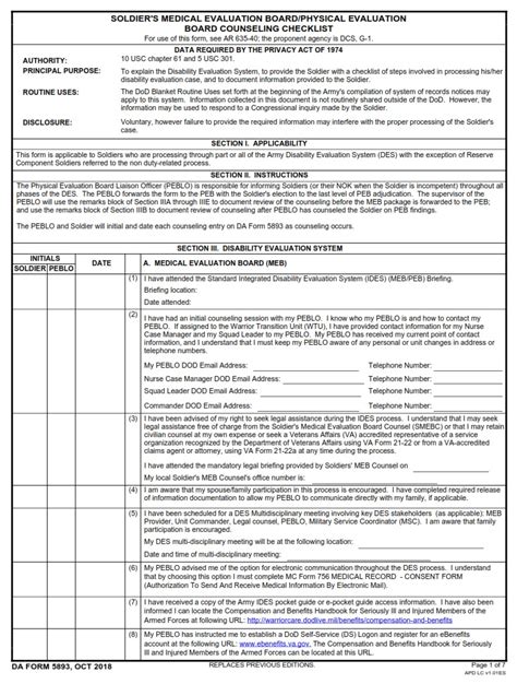 Da Form 5893 Soldier`s Medical Evaluation Board Physical Evaluation Board Counseling Checklist