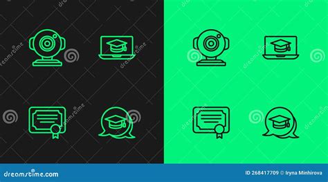 Set Line Graduation Cap In Speech Bubble Certificate Template Web Camera And Laptop Icon