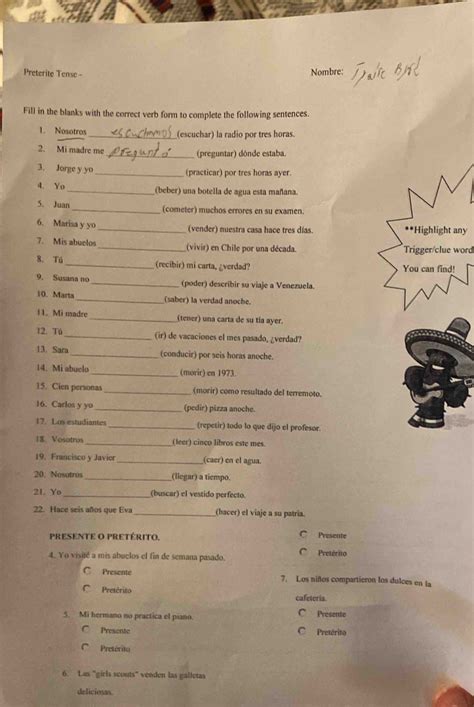 Solved Preterite Tense Nombre Fill In The Blanks With The Correct