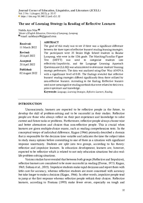Pdf Use Of Learning Strategy In Reading Of Reflective Learners