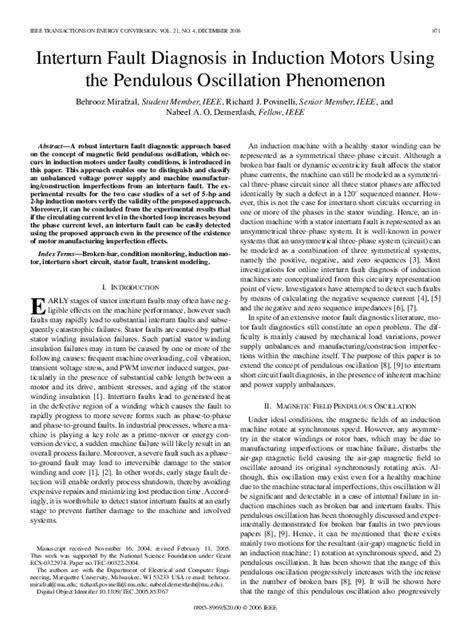 Pdf Interturn Fault Diagnosis In Induction Motors Usingthe Pendulous Oscillation Phenomenon