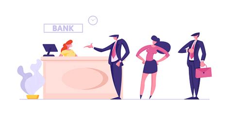 은행 사무실의 방문자 및 직원 금융 서비스에 대한 공개 액세스 내부 와 여자 노동자 앉아 에 카운터 데스크 과 클라이언트 대기 컨설팅 에 큐 만화 플랫 벡터 일러스트 벡터에