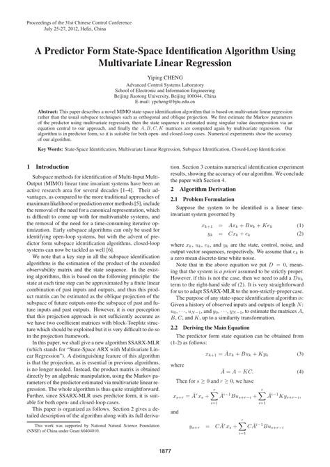 Pdf A Predictor Form State Space Identification Algorithm Using Multivariate Linear Regression