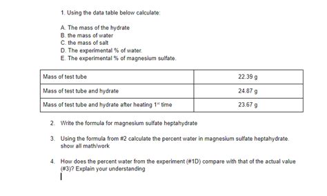 Solved 1 Using The Data Table Below Calculate A The Mass