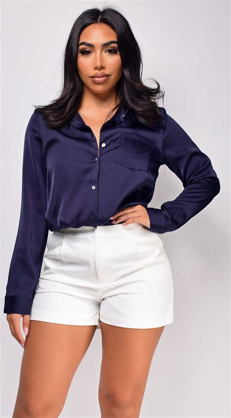 Braylee Satin Button Down Blouse Top Navy Emprada
