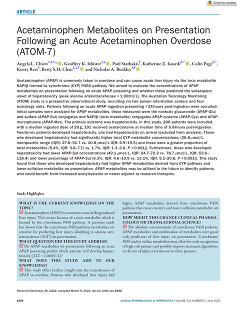 Pdf Acetaminophen Metabolites On Presentation Following An Acute Acetaminophen Overdose Atom ‐7