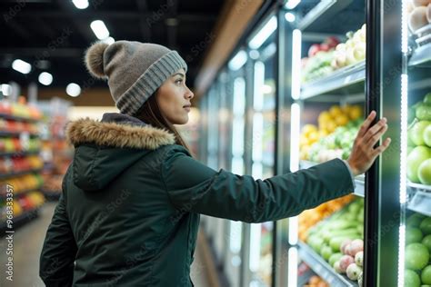 A Person In A Winter Coat And Beanie Is Shopping At A Grocery Store