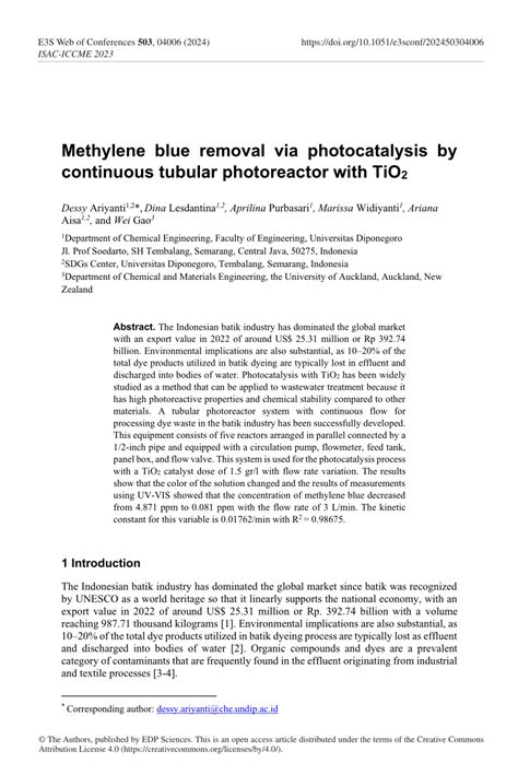 Pdf Methylene Blue Removal Via Photocatalysis By Continuous Tubular