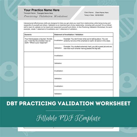 Dbt Practicing Validation Worksheet Editable Fillable Pdf Template For Counselors
