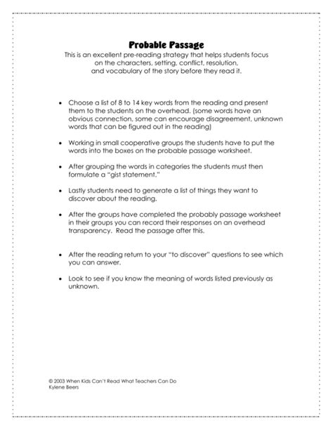 Probable Passage Worksheet Pre Reading Strategy