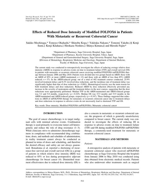 Pdf Effects Of Reduced Dose Intensity Of Modified Folfox6 In Patients With Metastatic Or